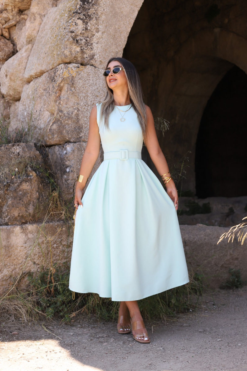 Mint Halter Yaka Kemerli Kloş Elbise - By Tuğçe Kaya